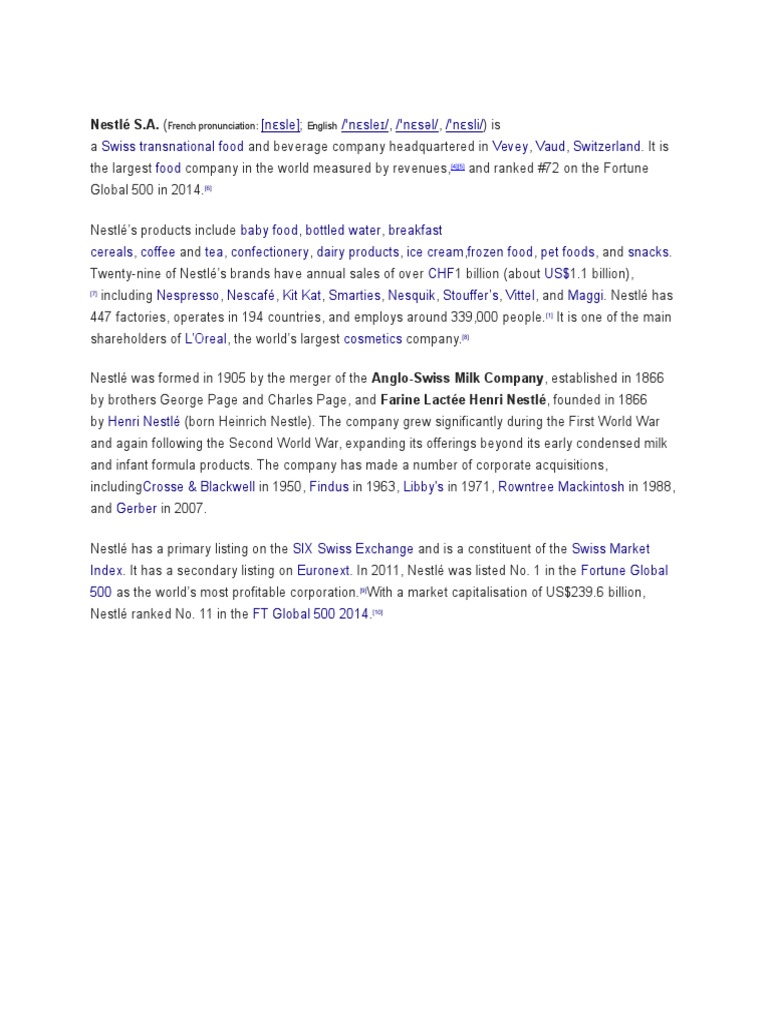 Nestlé: Global Food Industry Leader | PDF