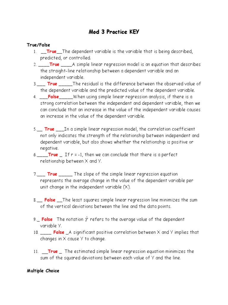 Mod 3 Review 2 (T.F MC, Fill In) KEY | PDF | Coefficient Of Determination | Regression Analysis