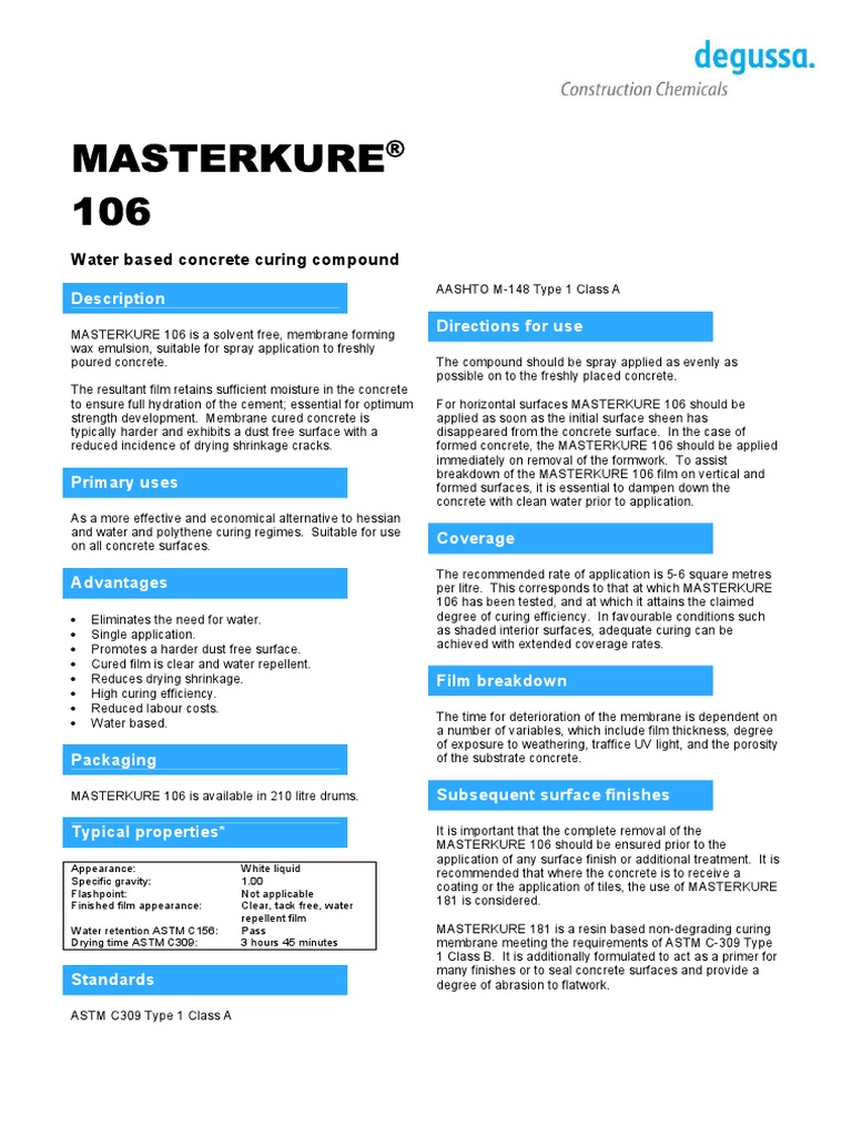 TDS - Masterkure 106 | Concrete | Water | Free 30-day Trial | Scribd