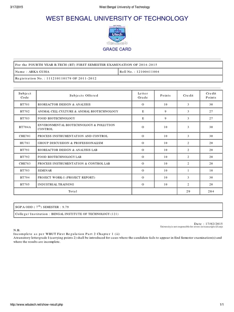 WBUT B.Tech Grade Card 2015 | PDF | Biotechnology | Life Sciences