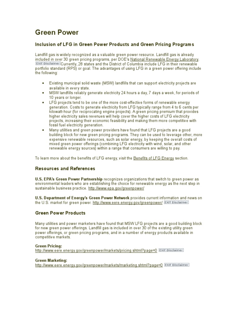 Green Power: Inclusion of LFG in Green Power Products and Green Pricing ...