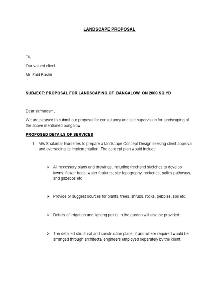 Landscape Proposal: Subject: Proposal For Landscaping of Bangalow On ...