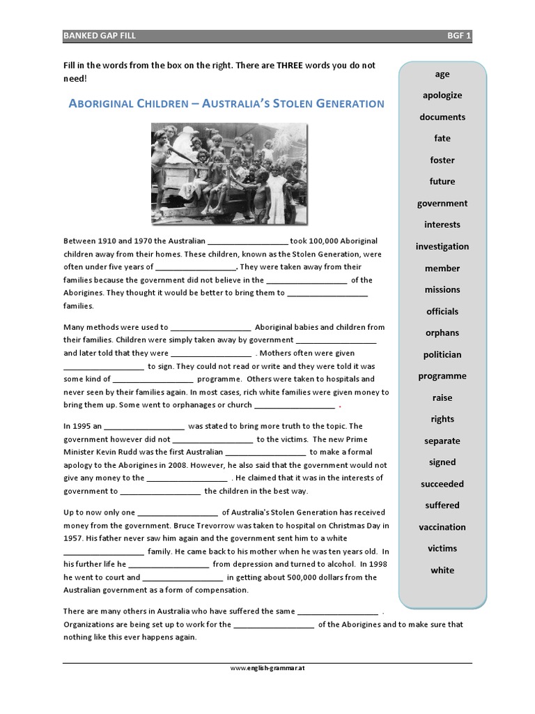 Australia's Stolen Generation - Banked Gap Fill - PDF Worksheet | PDF