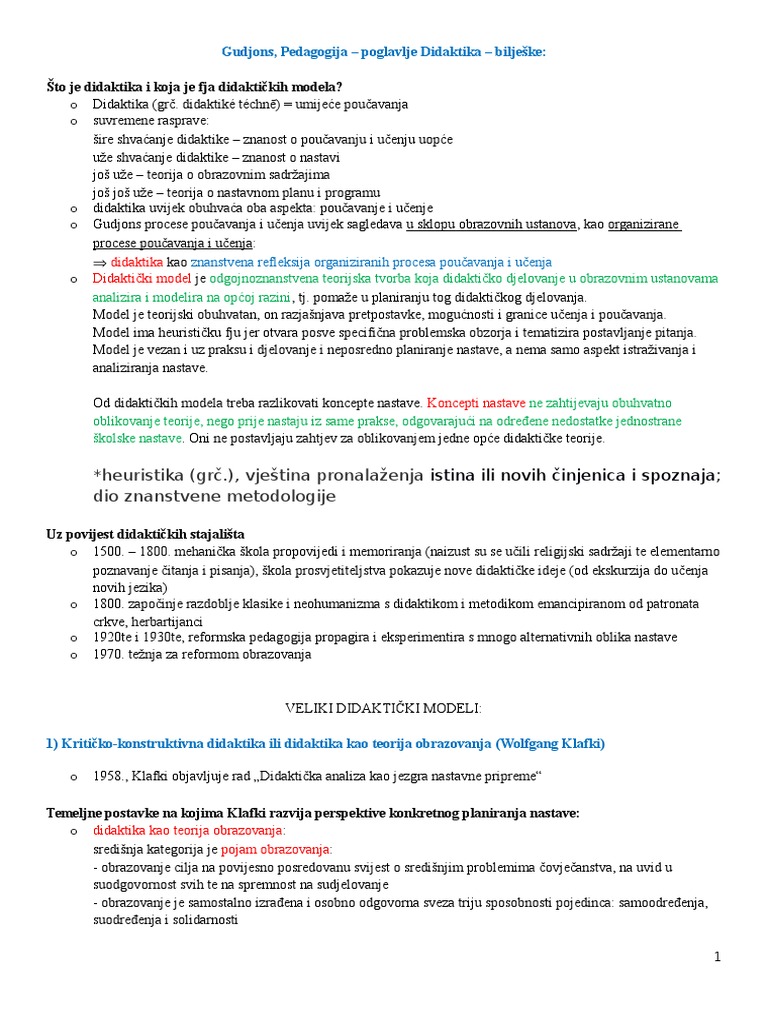 Gudjons - Pedagogija, Poglavlje Didaktika - Biljeske | PDF