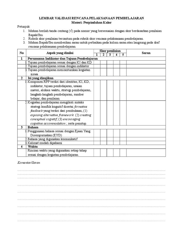 Lembar Validasi RPP Dan Lks (Rie) | PDF
