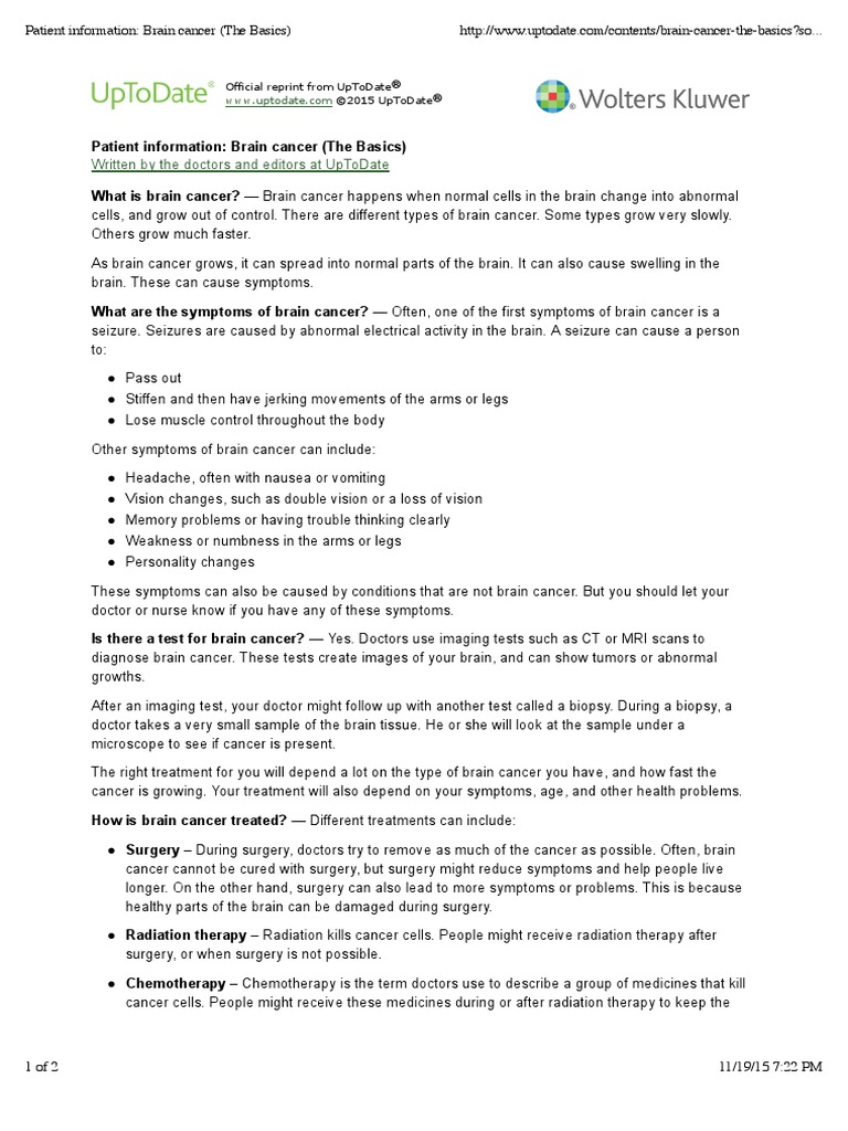 Patient Information Brain Cancer (The Basics) | PDF | Self-Improvement ...