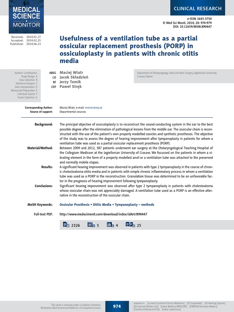 Usefulness of A Ventilation Tube As A Partial Ossicular Replacement ...