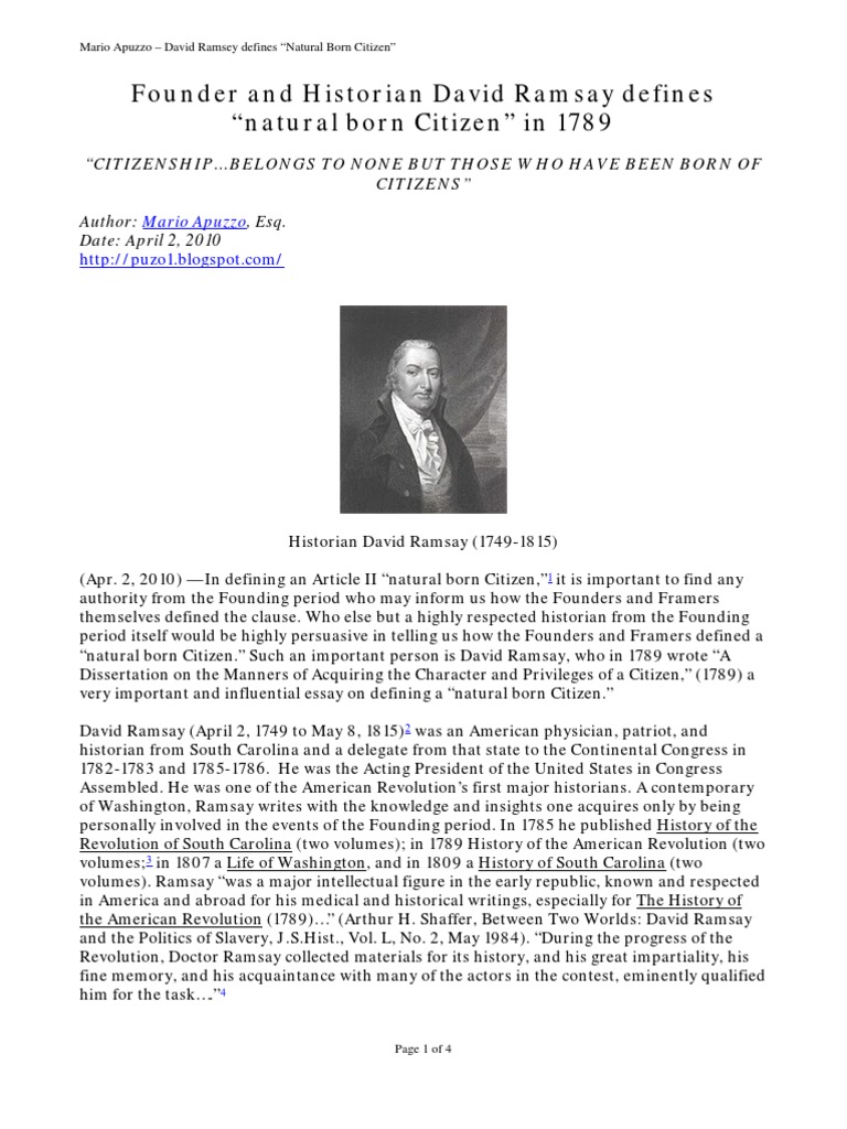 Mario Apuzzo - David Ramsay Defines Natural Born Citizen | PDF | United ...