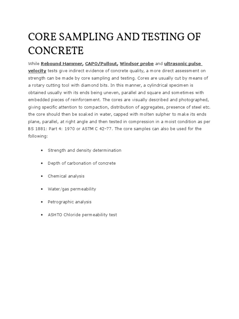 Core Sampling And Testing Of Concrete Pdf Concrete Strength Of