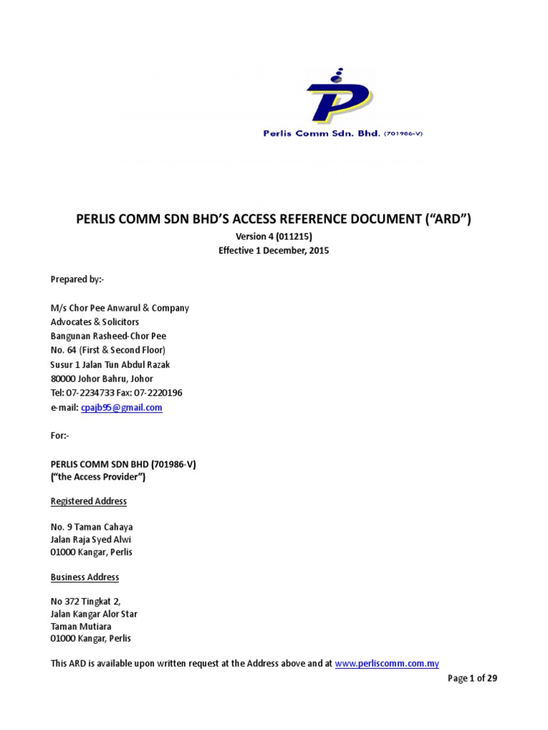 2015 Perlis Comm SDN BHD'S Access Reference Document ("Ard") | PDF ...