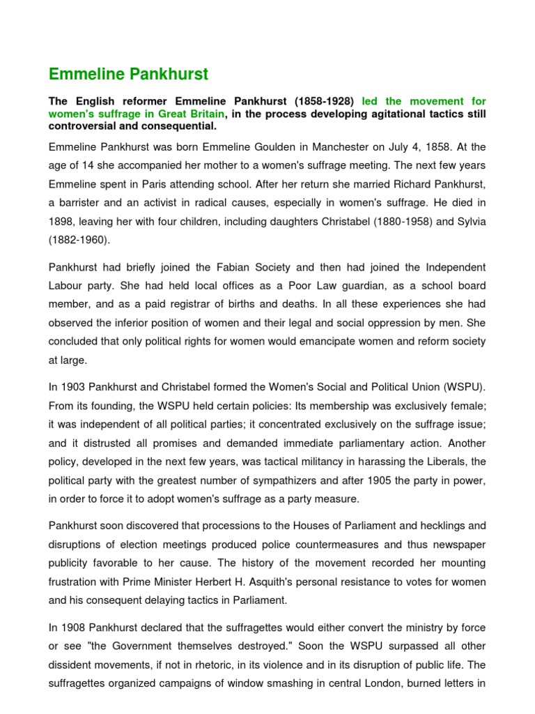 Emmeline Pankhurst Biography | PDF | Emmeline Pankhurst | Suffragette