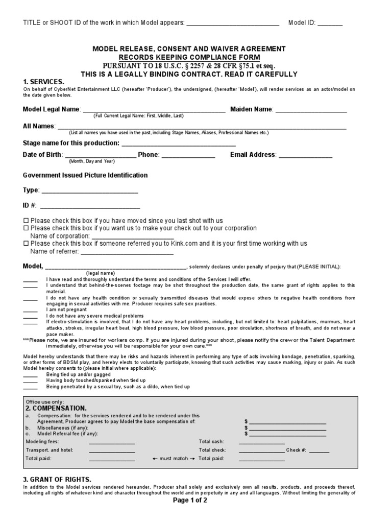 2257 Model Release For | PDF | Sound Recording And Reproduction | Human ...