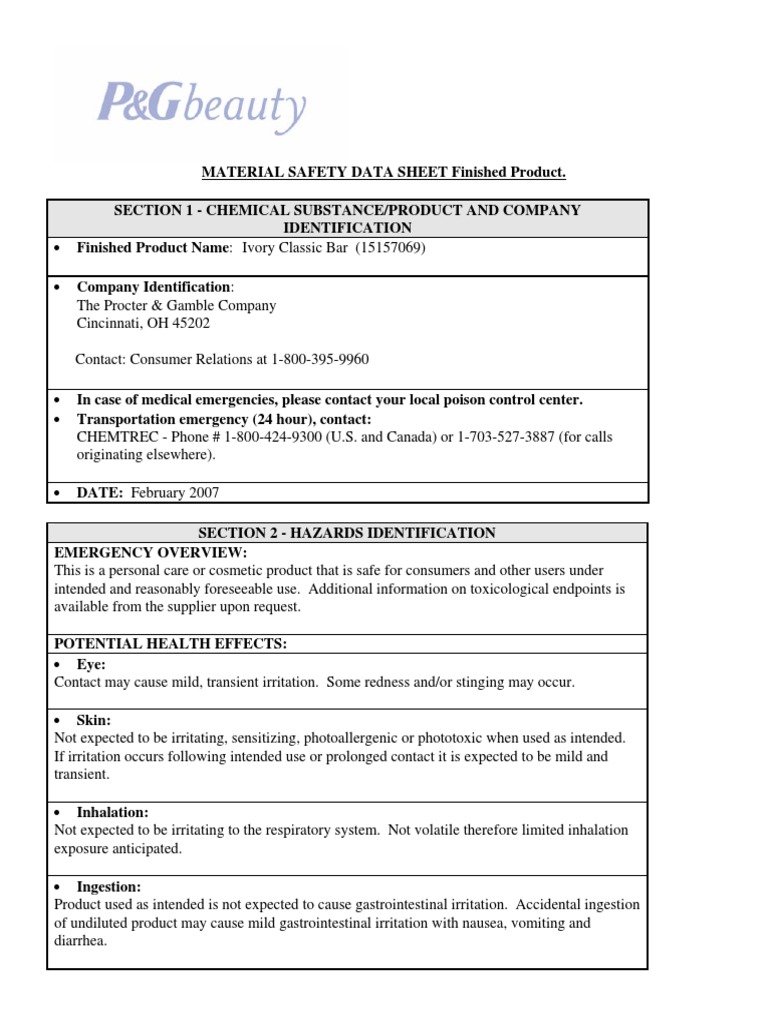 Ivory Classic Bar Msds 0207 Eng | PDF | Chemistry | Chemicals