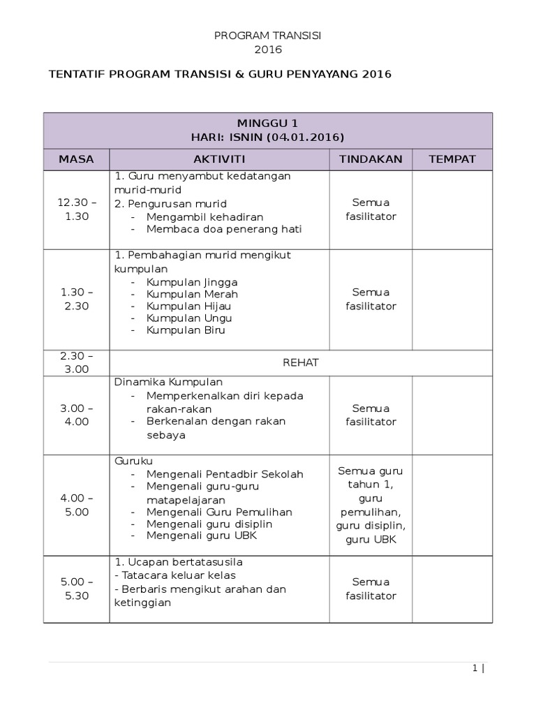 Tentatif Program Transisi | PDF