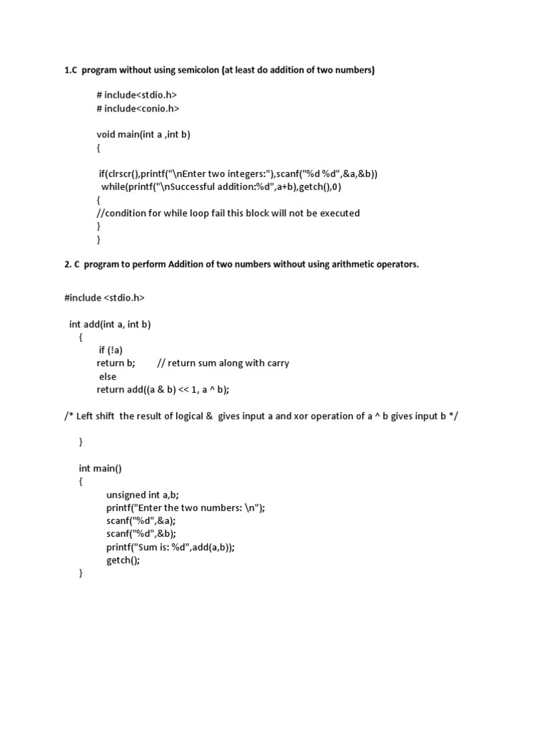 1 C Program Without Using Semicolon At Least Do Addition Of Two Numbers Pdf Integer