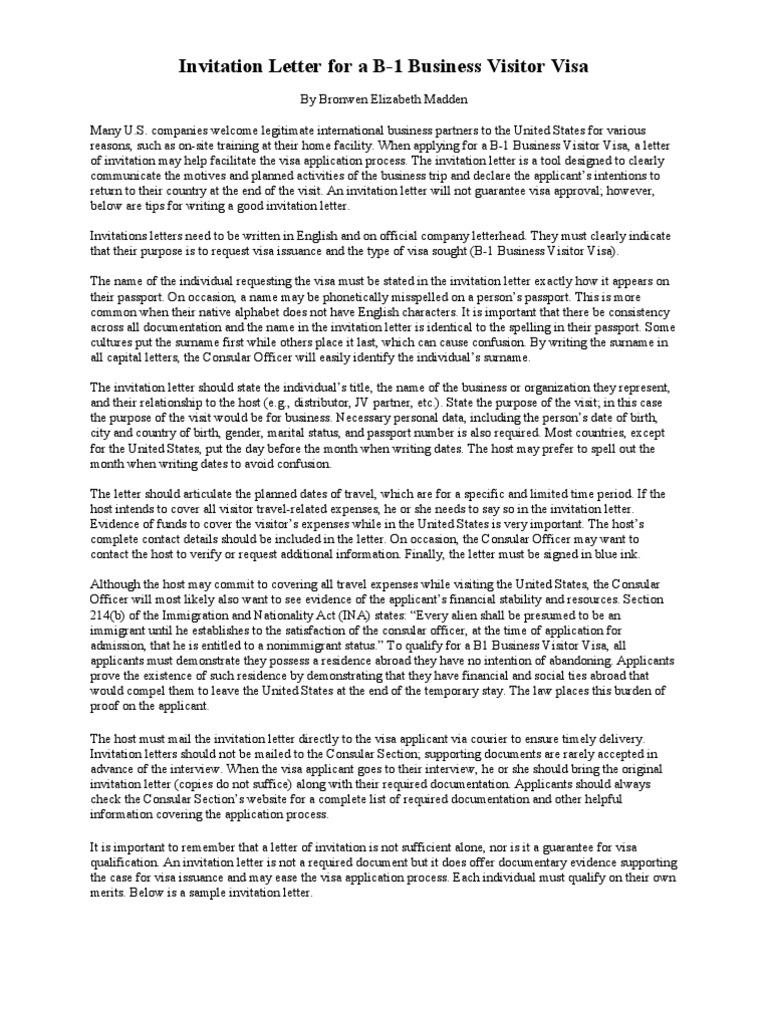 Invitation Letter For A B-1 Business Visitor Visa | PDF | Travel Visa ...