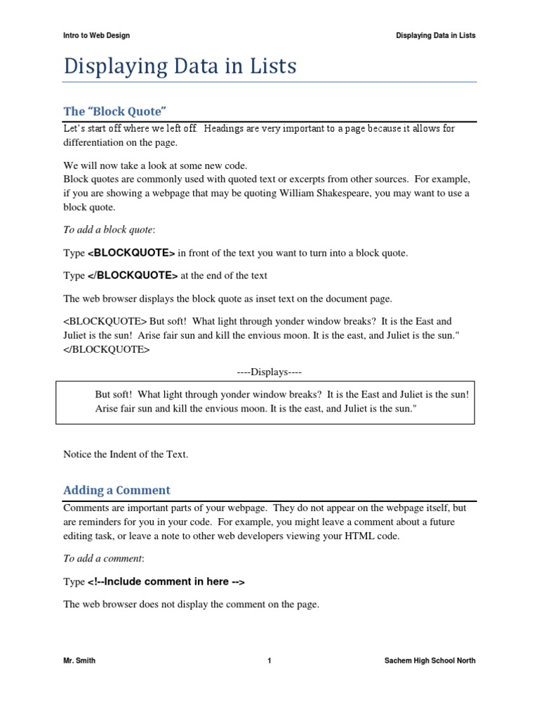 Web Design: Creating Lists and Quotes | PDF | Web Page | Hypertext