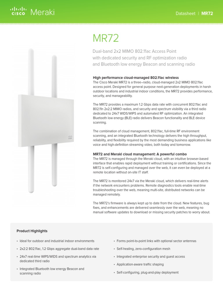 Meraki Datasheet MR72 | Download Free PDF | Ieee 802.11 | Bluetooth