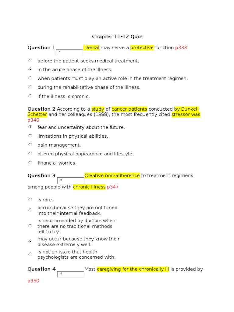 Chapter 11-12 Quiz | PDF | Denial | Cancer
