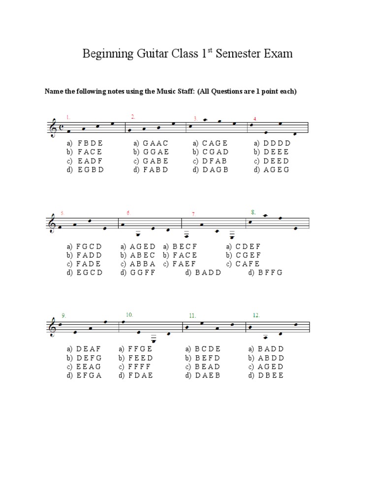 Guitar Class 1 Exam Questions | PDF | Guitars | String Instruments