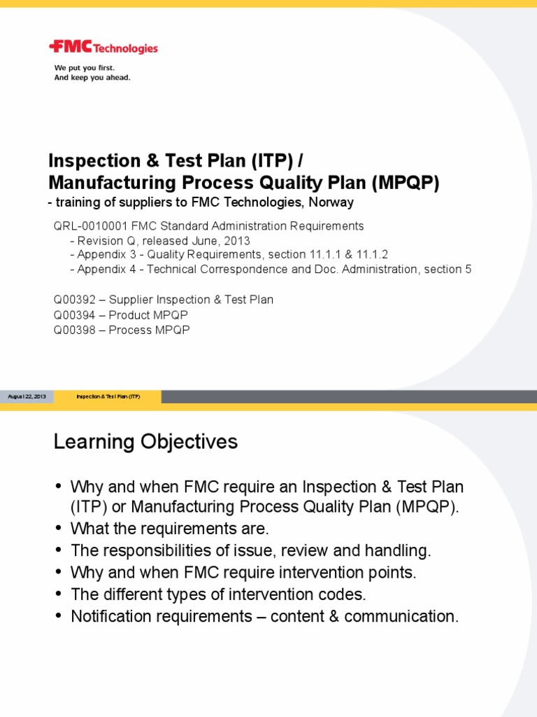 Inspection & Test Plan (ITP) / Manufacturing Process Quality Plan (MPQP ...