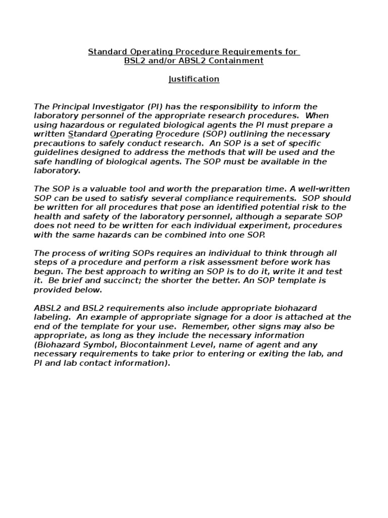 Combined Absl-2 and Bsl-2 Sop Template | PDF