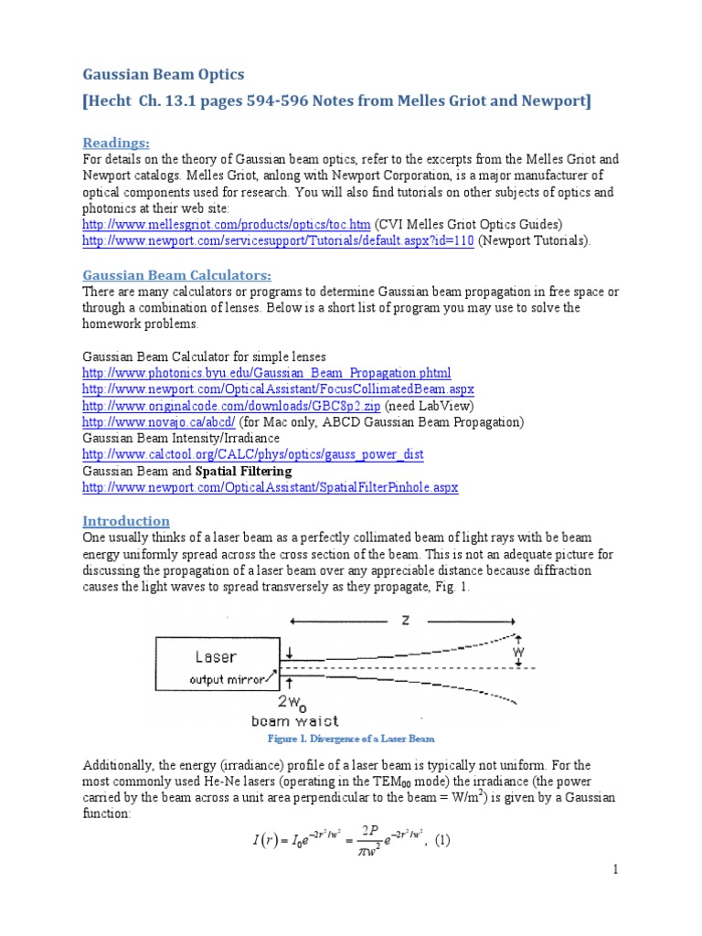 Gaussian Beam Optics | PDF | Optics | Lens (Optics)