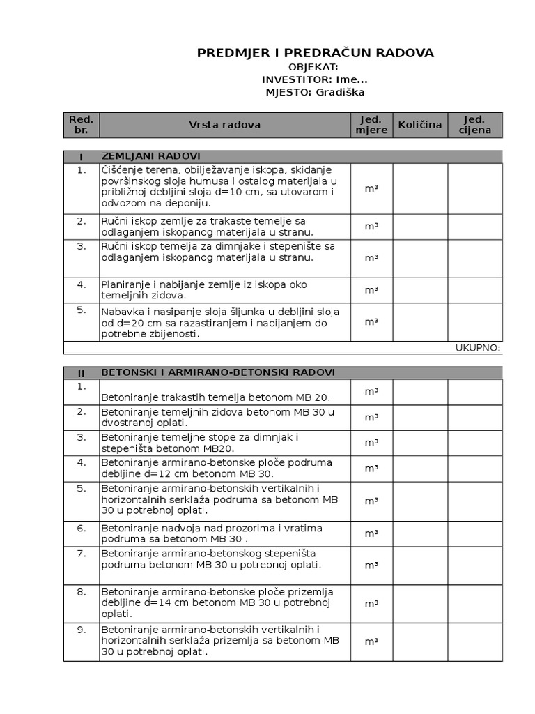 SABLON - Predmjer I Predracun | PDF