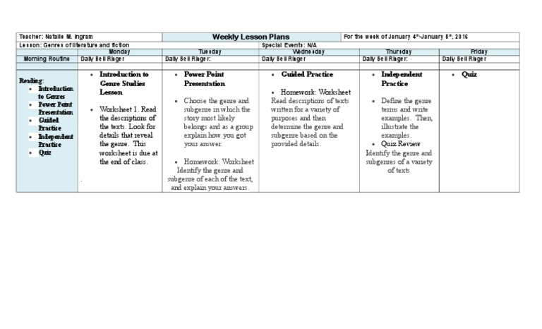 Weekly Lesson Plans: Homework: Worksheet | PDF