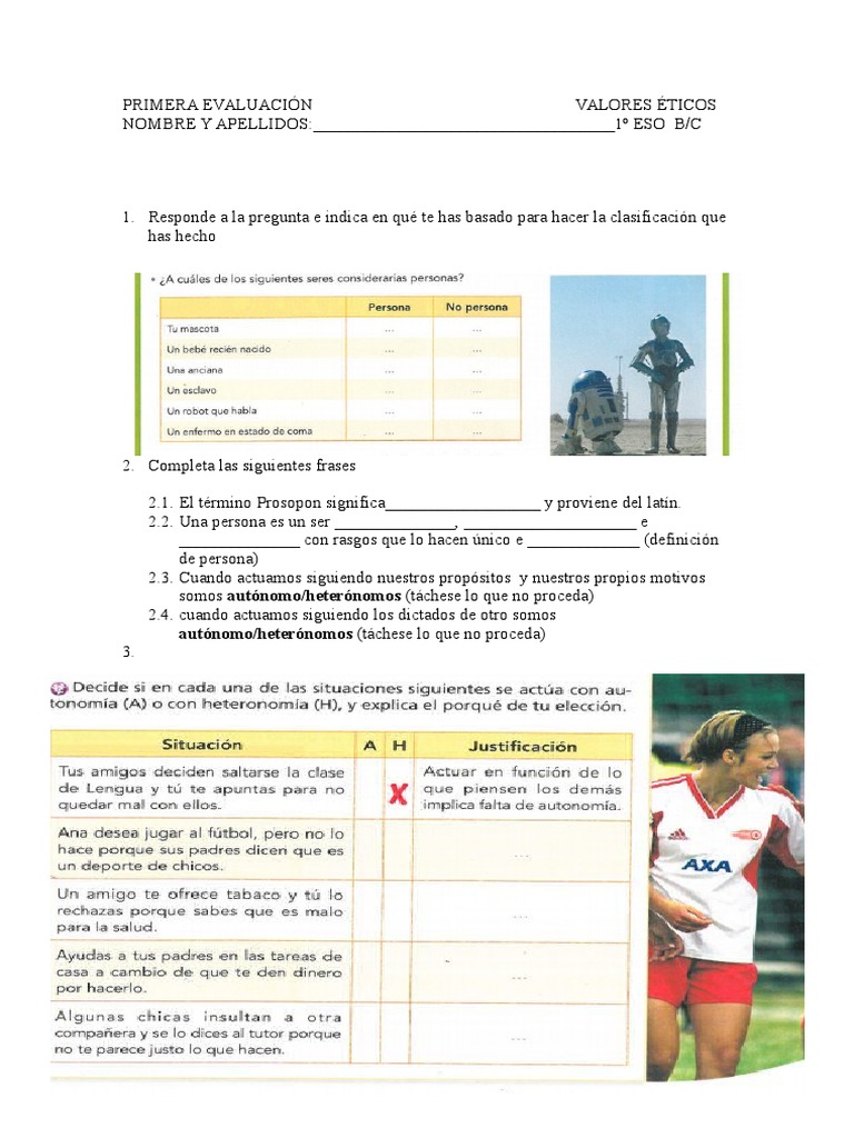 Examen Valores Éticos 1 Eso