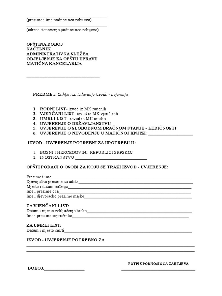 Zahtjev Za Izdavanje Izvoda Iz Matinih Knjiga I Uvjerenja | PDF