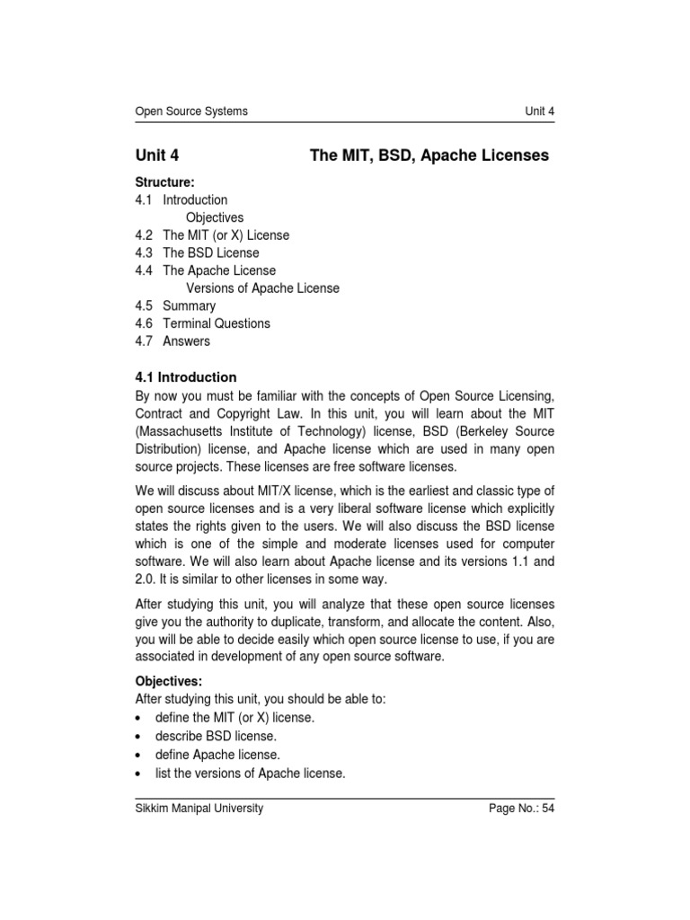 Unit 4 The MIT, BSD, Apache Licenses: Structure | Download Free PDF ...