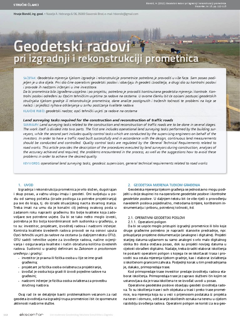 Geodetski Radovi Pri Izgradnji I Rekonstrukciji Prometnica | PDF