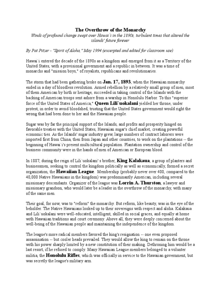 Overthrow of The Monarchy | PDF | Kingdom Of Hawaii | Constitution