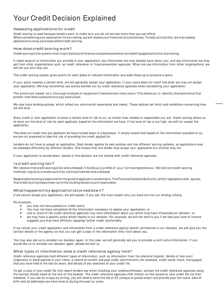 Your Credit Decision Explained PDF | PDF | Credit (Finance) | Credit Score