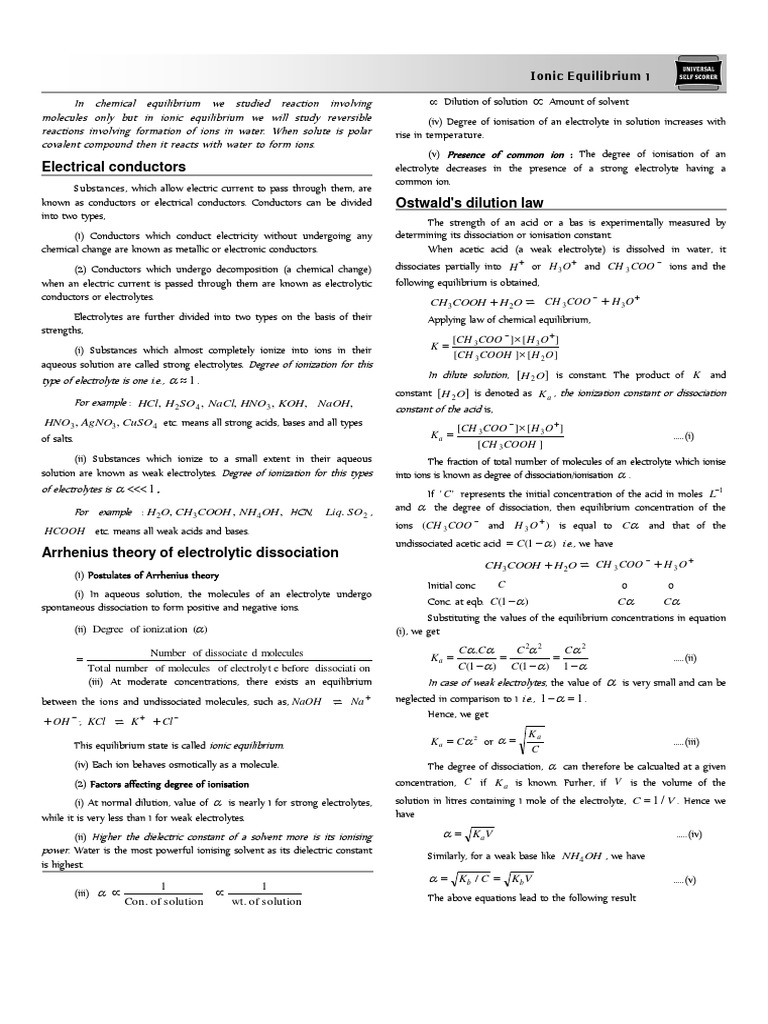01-Ionic equilibrium-Theory-Final-E PDF | PDF | Dissociation (Chemistry) | Acid