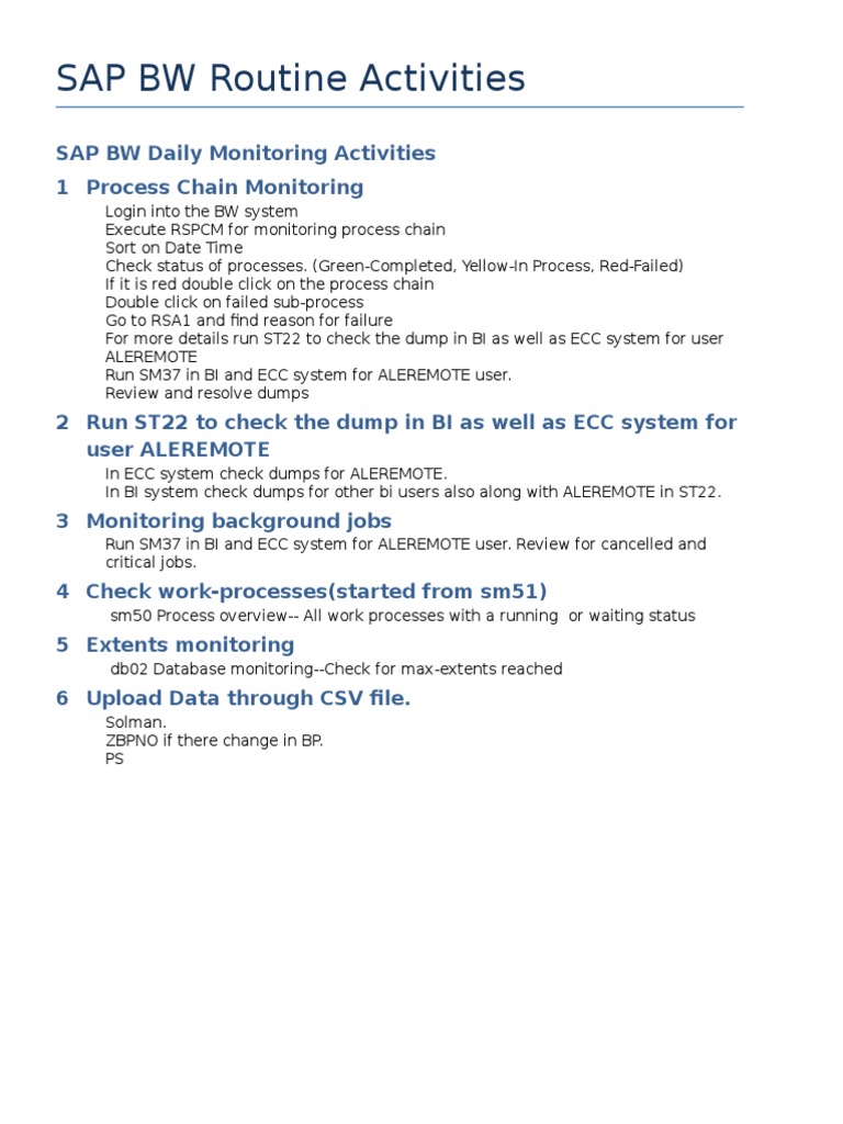 SAP BW Routine Activities | PDF | Computers