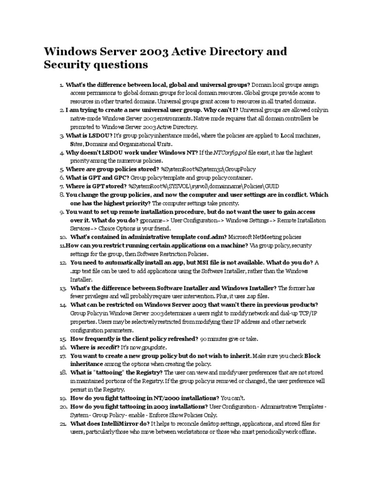 Interview Questions - Windows Server 2003 Active Directory and Security ...