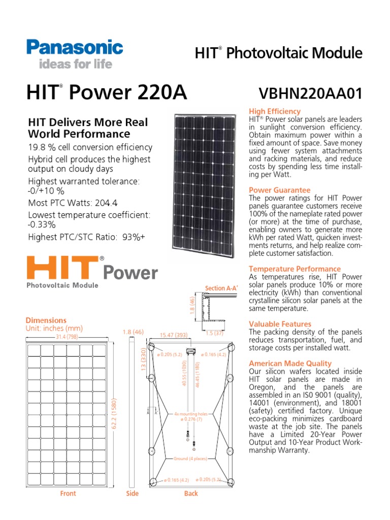 HIT Power 220A Datasheet | PDF | Solar Panel | Energy Harvesting