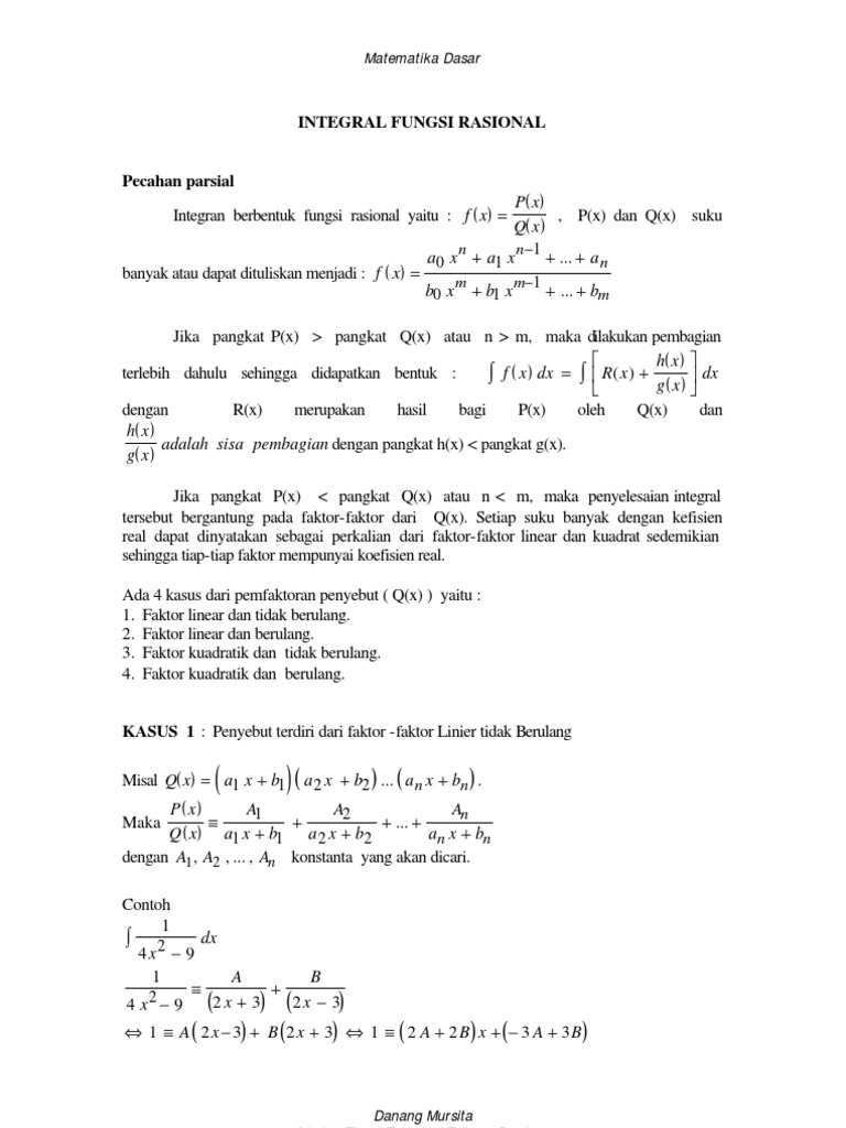 Integral Fungsi Rasional dan Contoh Soal | PDF
