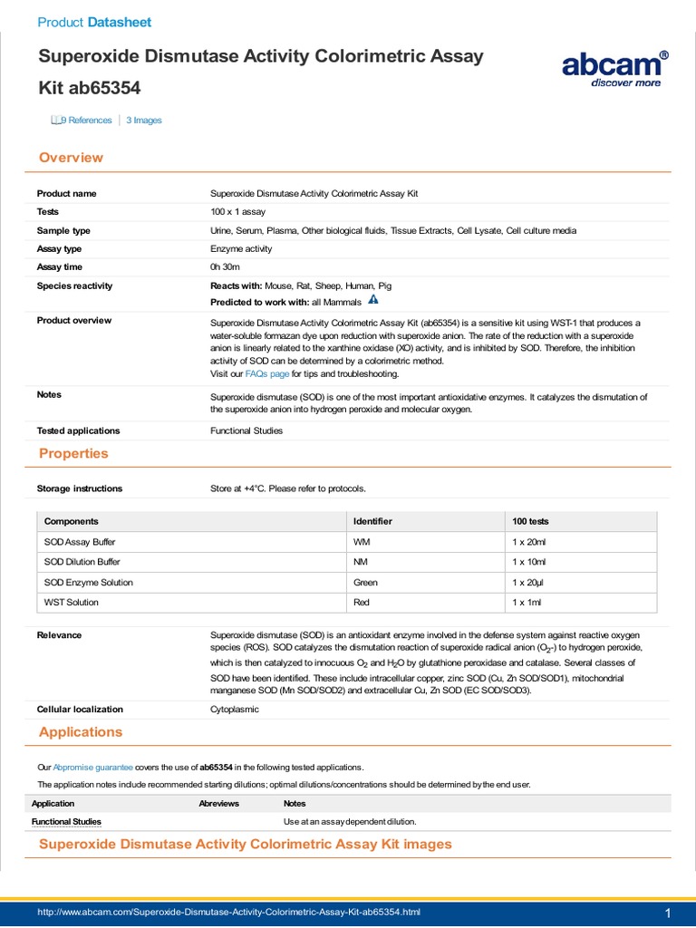 Superoxide Dismutase Activity Colorimetric Assay Kit Ab65354 | PDF ...