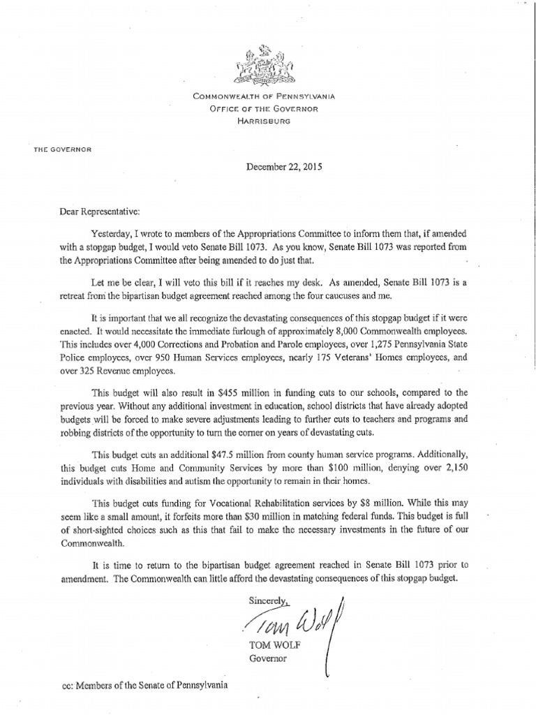 Gov. Tom Wolf's Letter About Furloughs | PDF