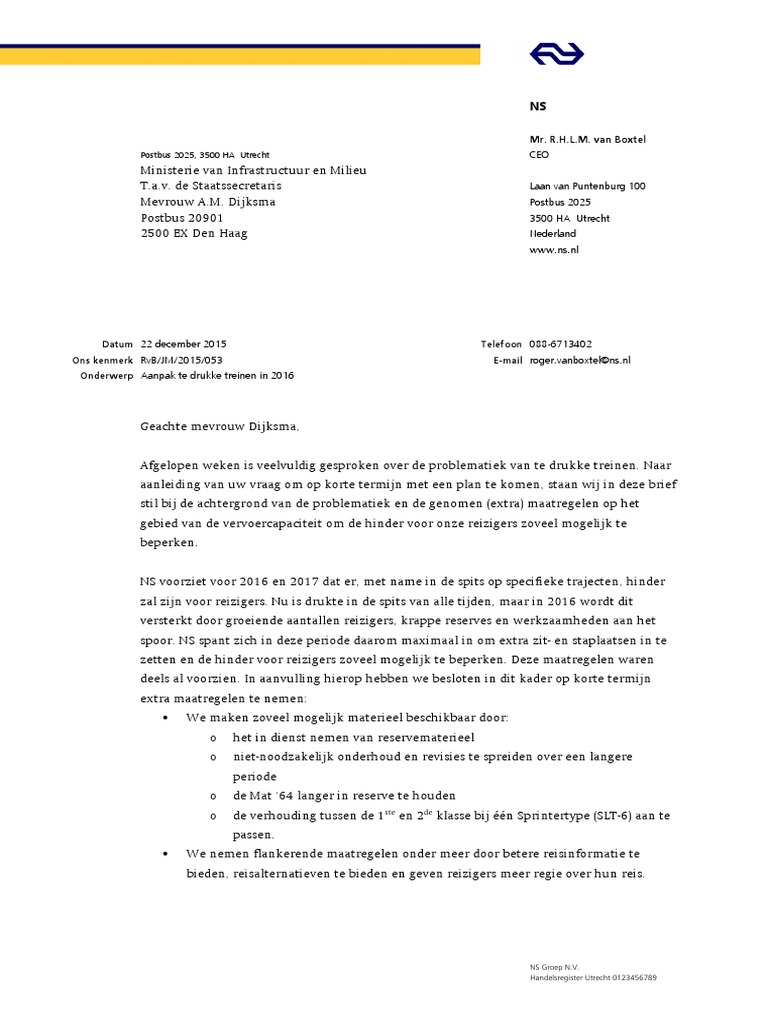 De NS-brief aan minister Dijksma