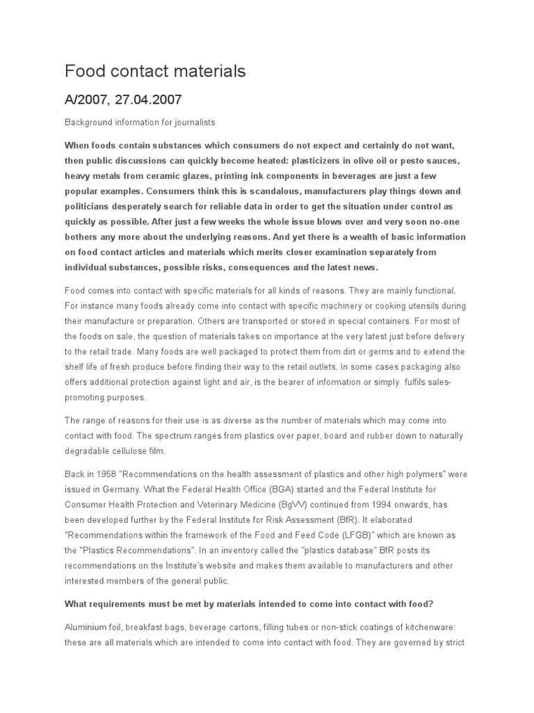 Food contact materials.doc | Packaging And Labeling | Foods