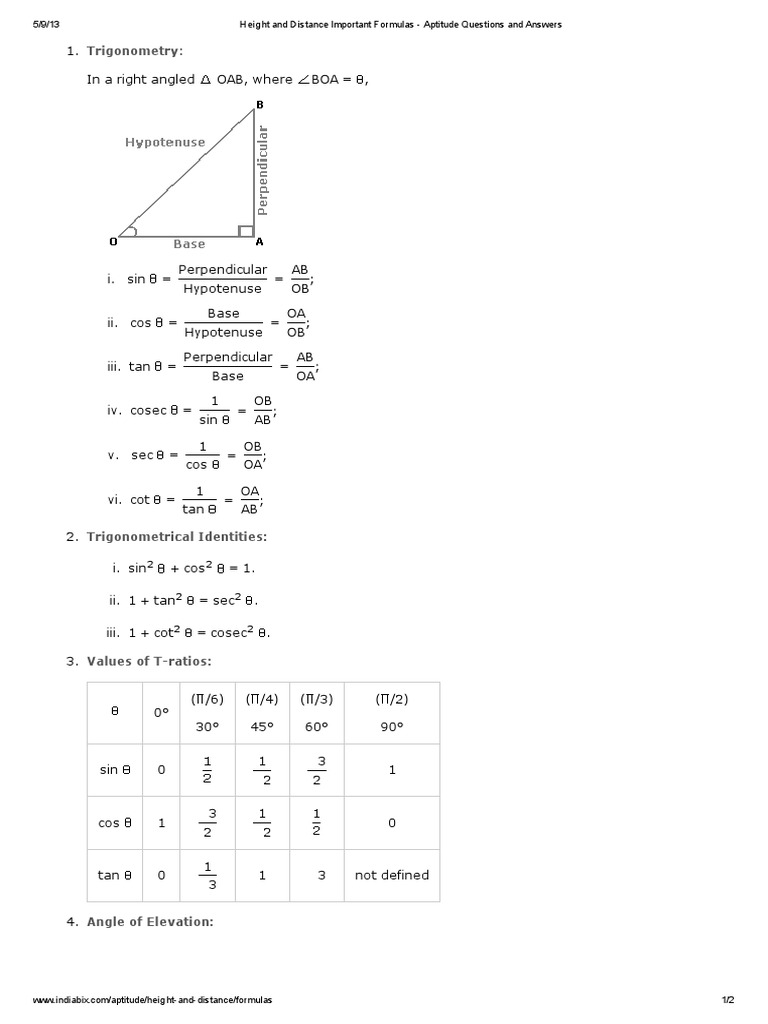 Height and Distance Formulas Guide | PDF | Science & Mathematics