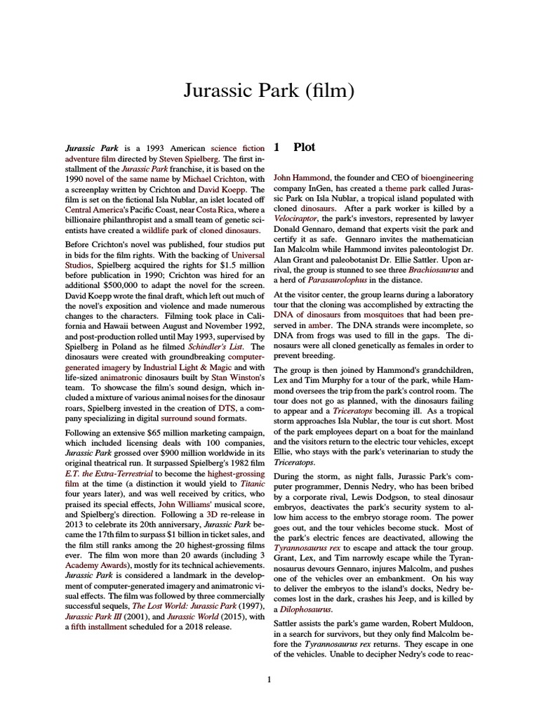 Jurassic Park Film Overview | PDF | Leisure | Science