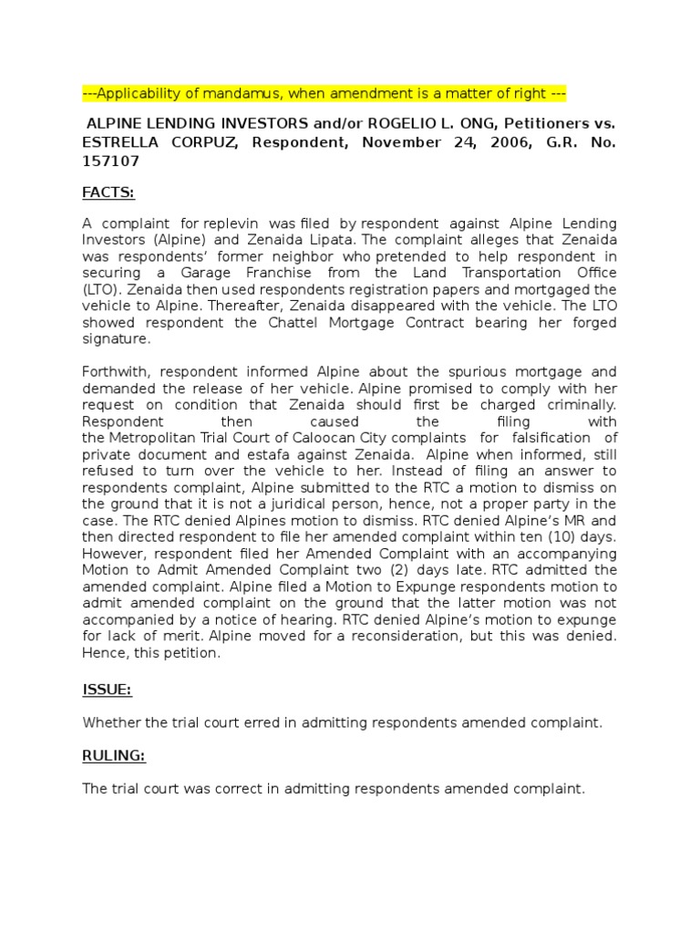 Digest - Alpine Lending vs. Corpuz | PDF | Pleading | Complaint