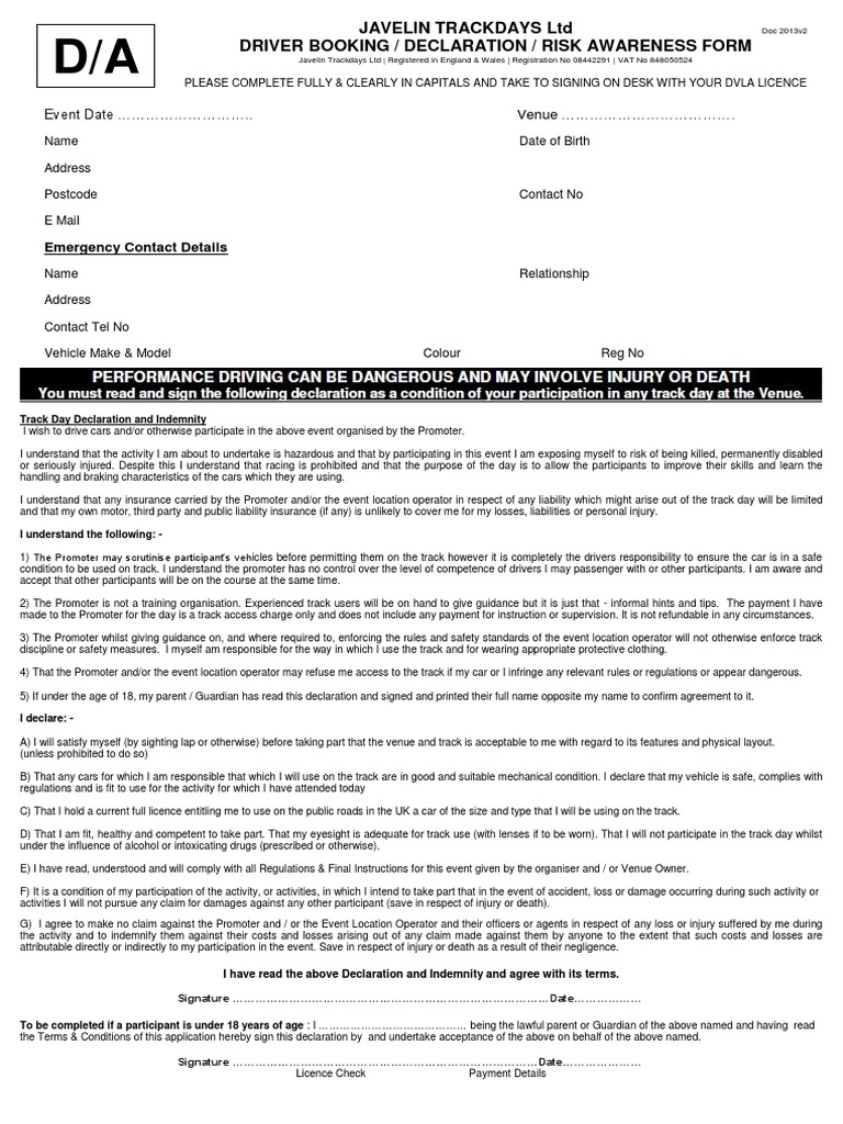 Driver Form | PDF | Indemnity | Vehicles