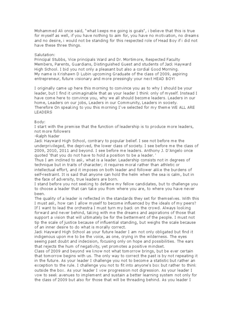 Head Boy Election Speech | PDF | Leadership