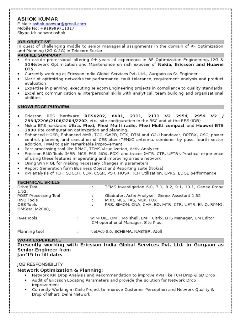 Ashok Kumar's Resume: Seeking a Challenging Middle to Senior Managerial Role in RF Optimization ...